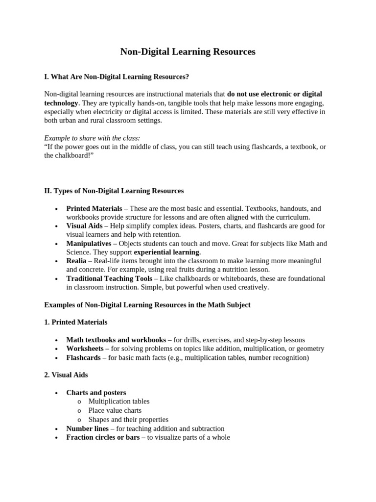 Non-Digital Learning Resources | PDF | Mathematics | Learning