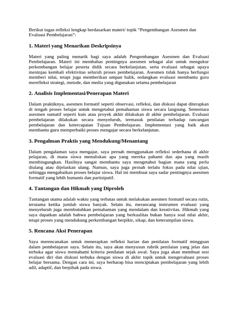 Berikut Tugas Refleksi Lengkap Berdasarkan Materi | PDF