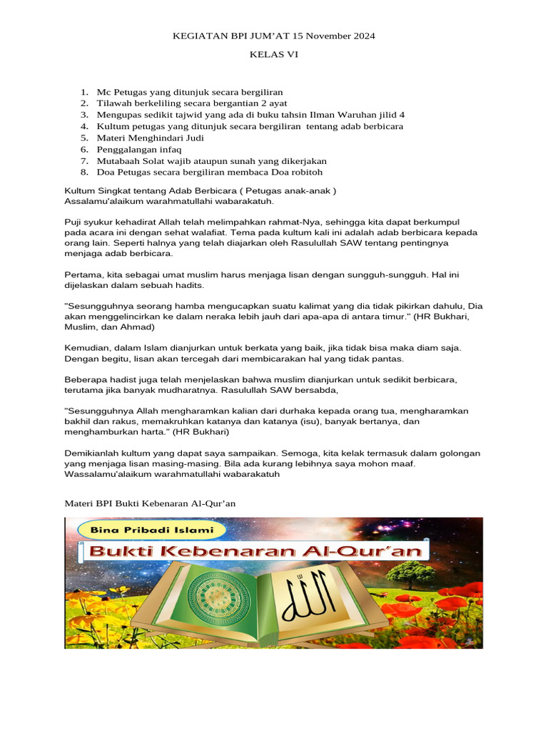 KEGIATAN BPI 17 Januari 2025 Kelas 6 | PDF