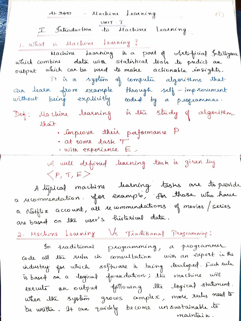 Al3451 ML Unit 1 Notes | PDF