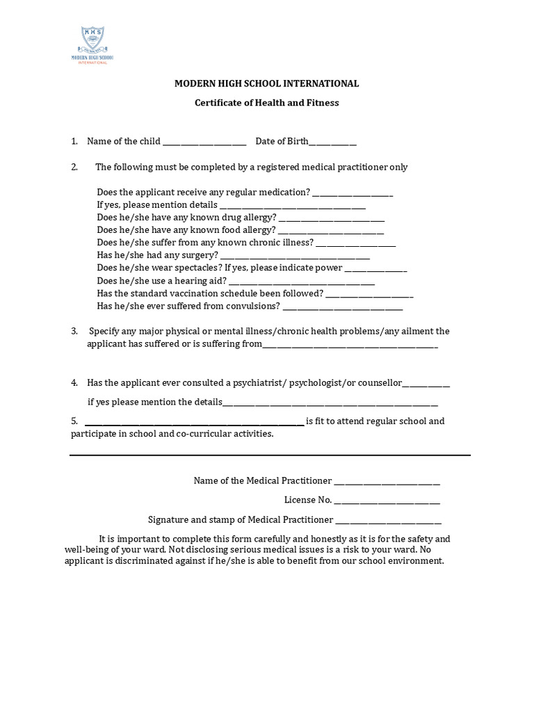 Health Certificate for School Admission | PDF