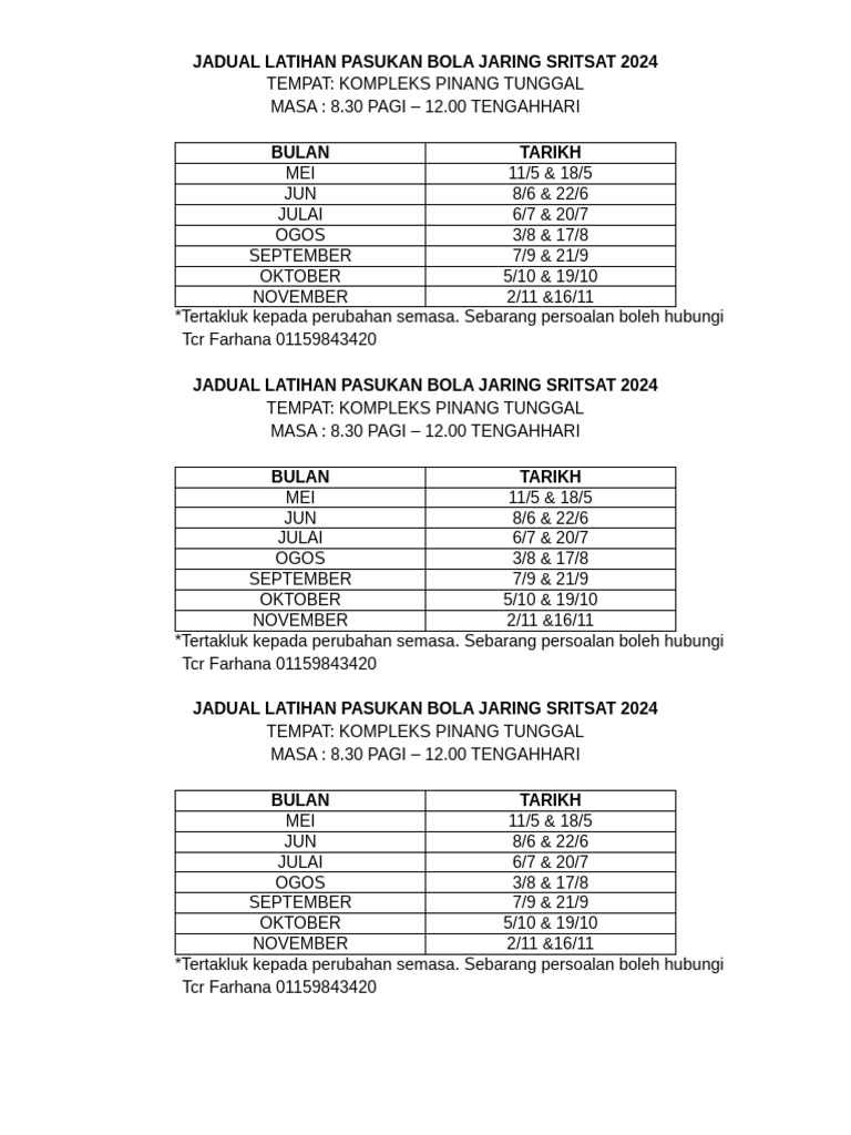 Jadual Latihan Bola Jaring 2024 | PDF