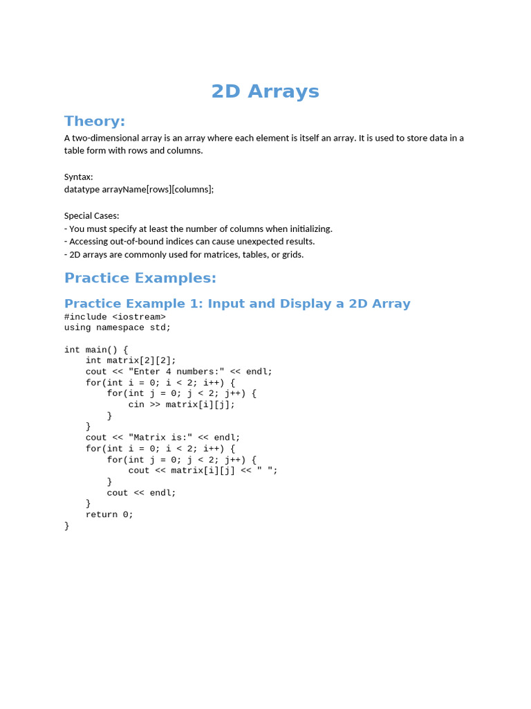 2D Arrays Handout | PDF