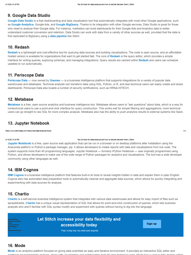 Top 24 Tools For Data Analysis and How To Decide Between Them - Stitch | PDF | Business ...