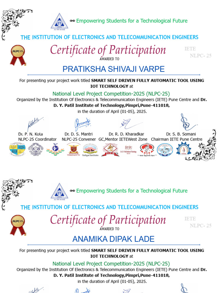 DYPIT Certificates - NLPC-2025 | PDF | Electronics