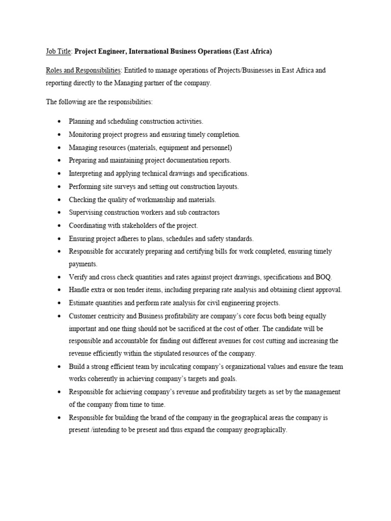 Project Engineer Role in East Africa | PDF | Specification (Technical ...