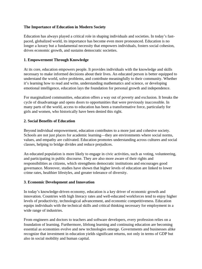 The Importance of Education in Modern Society | PDF | Economies ...