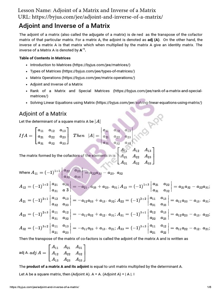 Adjoint and Inverse of a Matrix (1) | PDF | Matrix (Mathematics) | Functions And Mappings