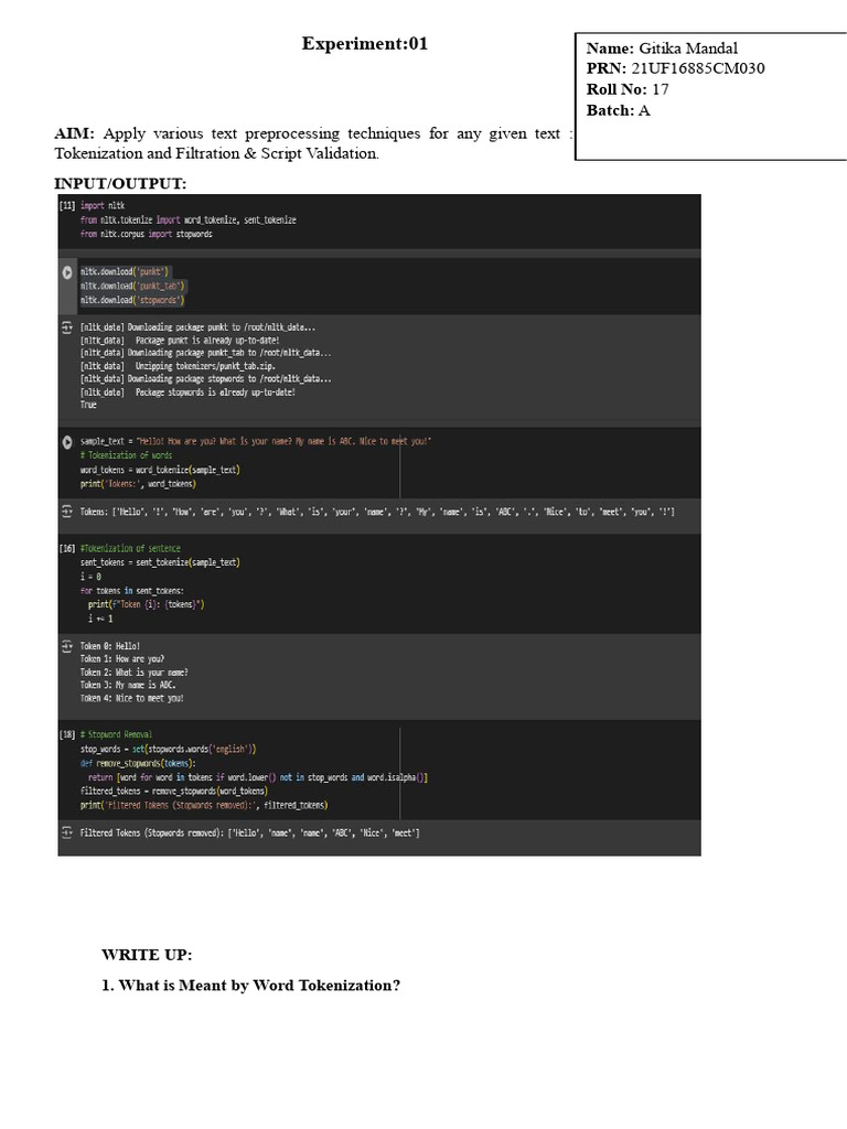 Gitika_Mandal_BE4_A_17_NLP_EXP1 | PDF | Word | Optical Character Recognition