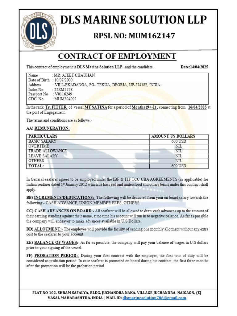 Emplyee Agreement AJEET CHAUHAN | PDF | Employment | Salary
