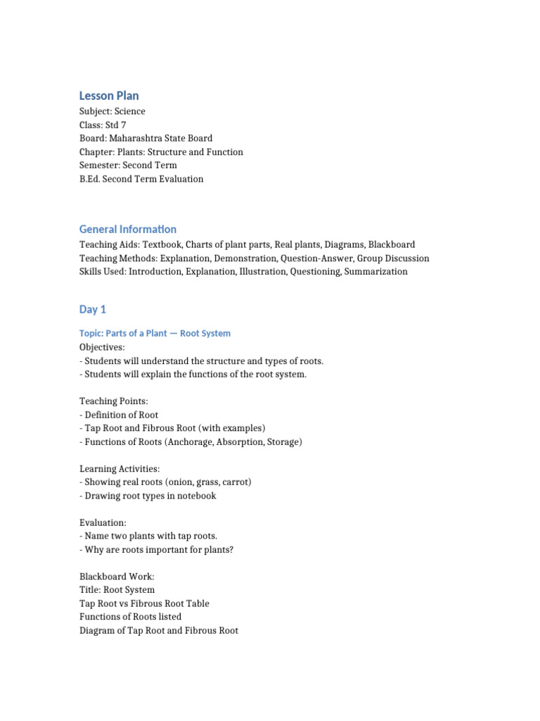 Grade 7 Plant Structure Lesson Plan | PDF