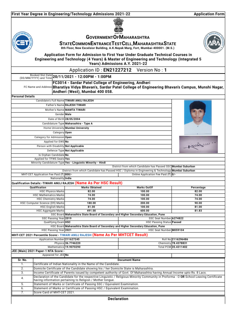 Maharashtra Engineering Admission Form 2021 | PDF | Schools | Student ...