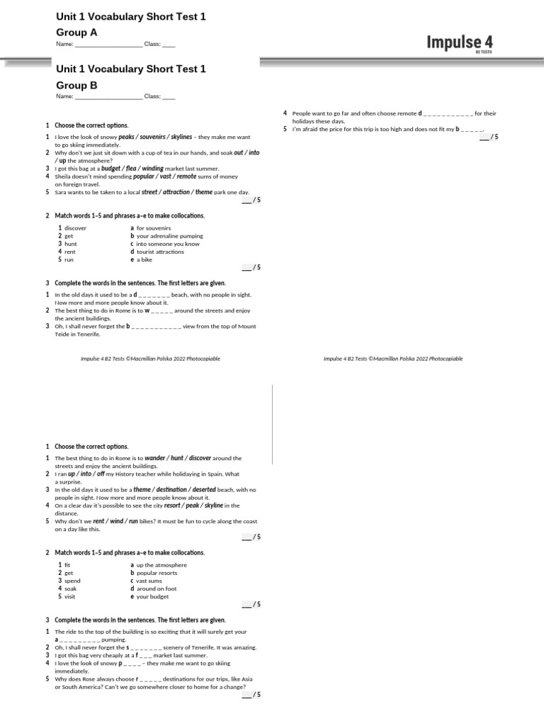 Unit 1 Vocabulary Short Test 1 A+B | PDF