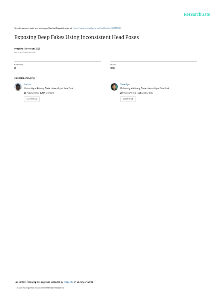 Exposing Deep Fakes Using Inconsistent Head Poses | PDF | Euclidean Vector | Support Vector Machine