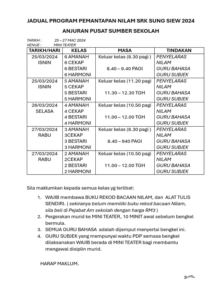 Jadual Pemantapan Nilam Sekolah | PDF