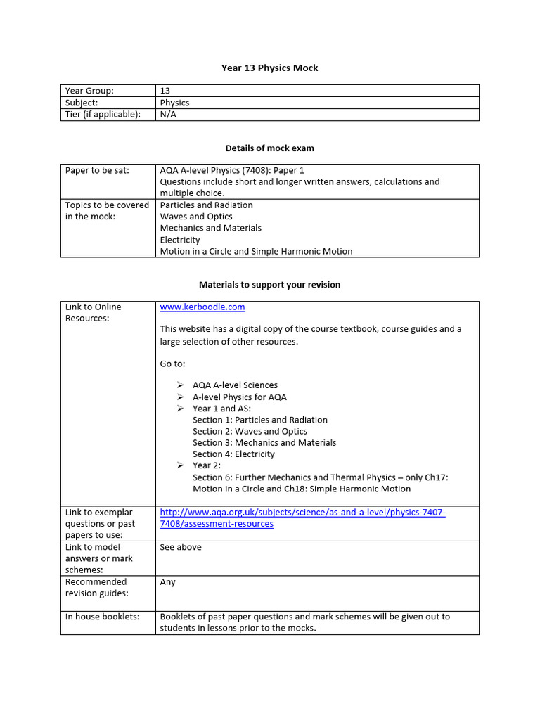 Physics Y13 Mock Exam Prep Dec18 | PDF