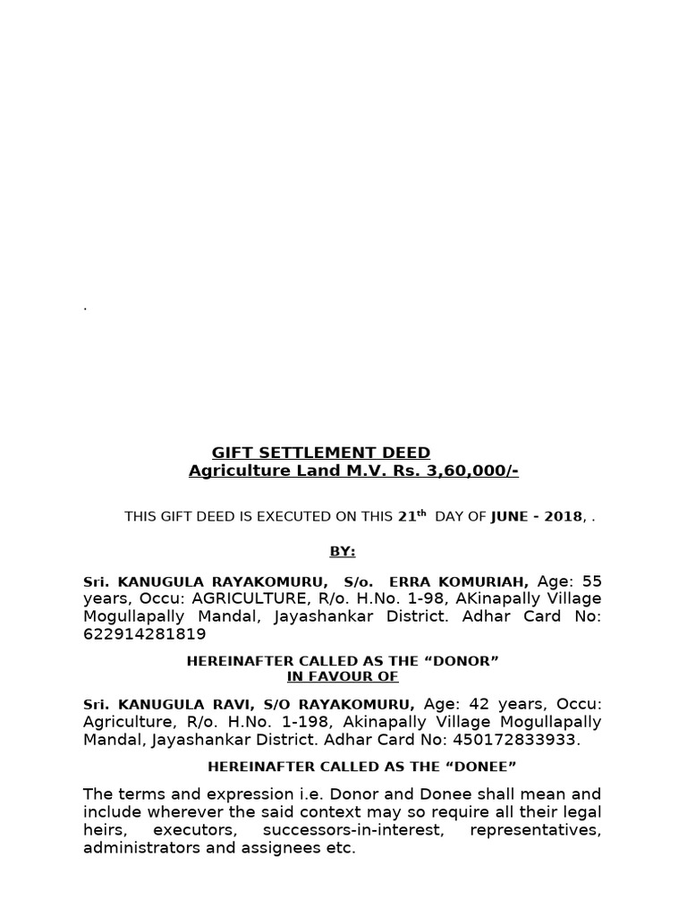 Gift Deed for Agricultural Land | PDF | Private Law | Property Law