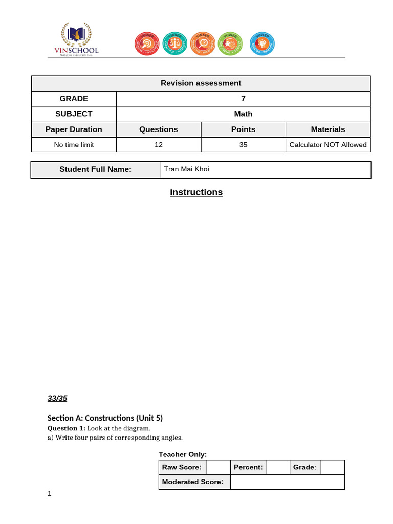 Grade 7 Maths Assessment - Unit 10, 12, 5, 9 | PDF