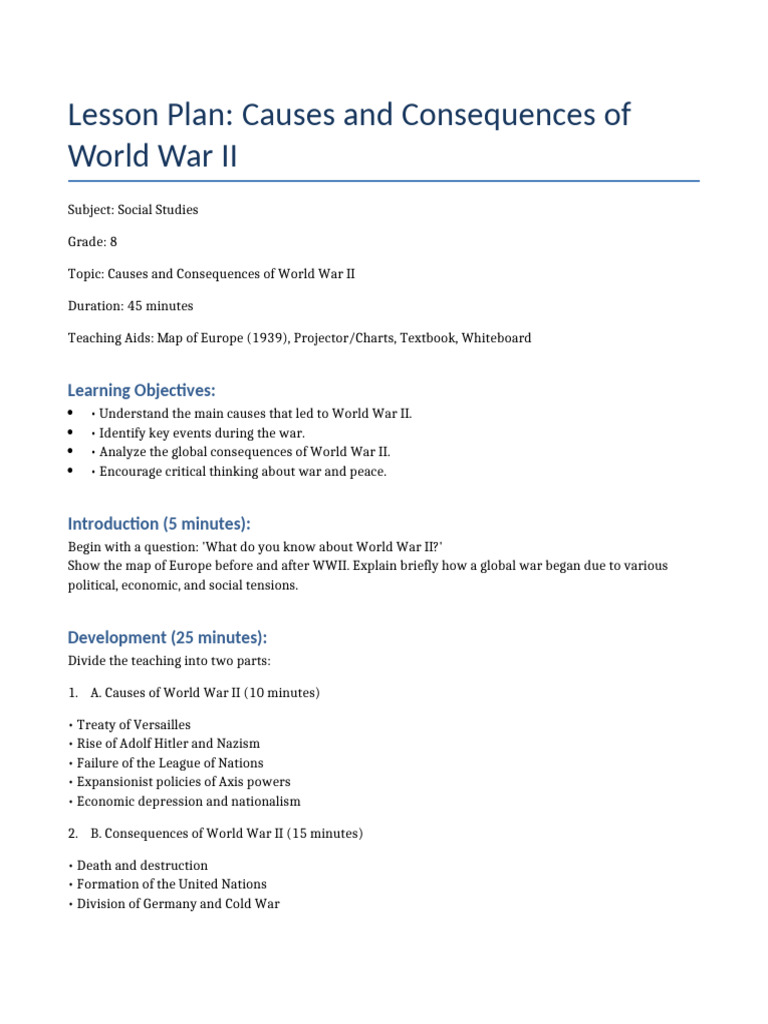 Lesson Plan World War II Class 8 | PDF