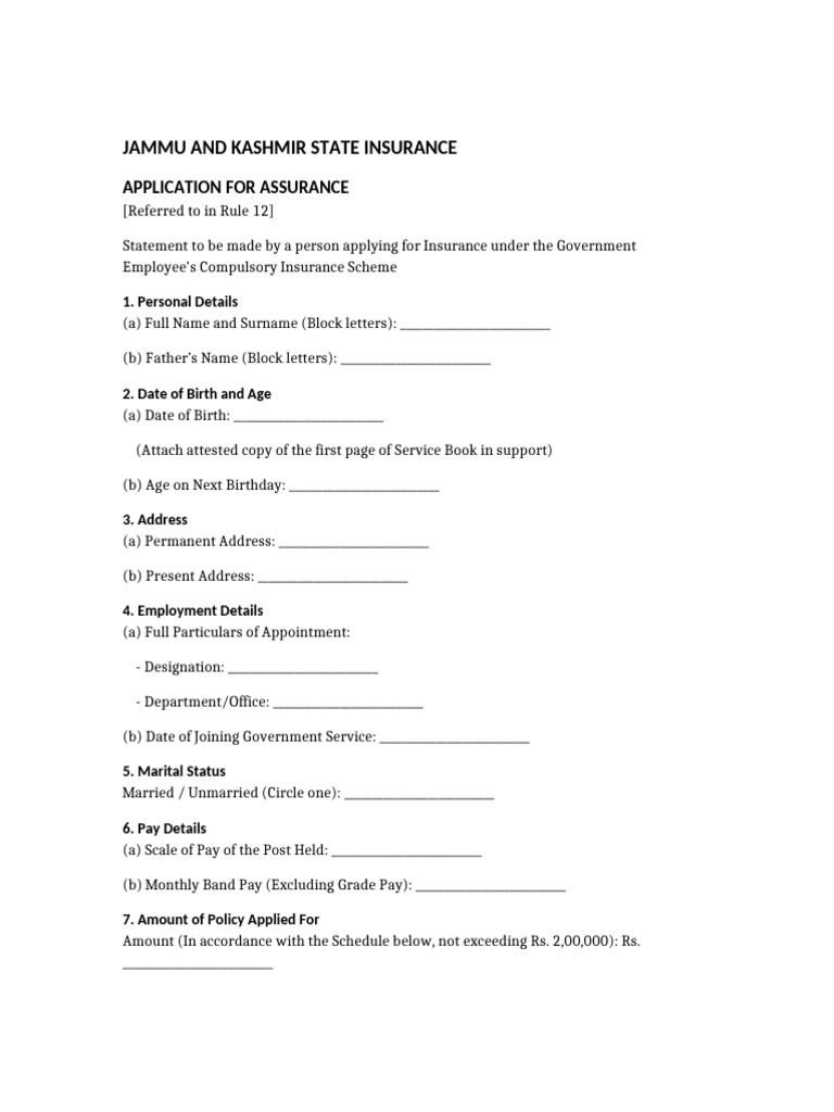 JK State Insurance Application Form | PDF | Insurance