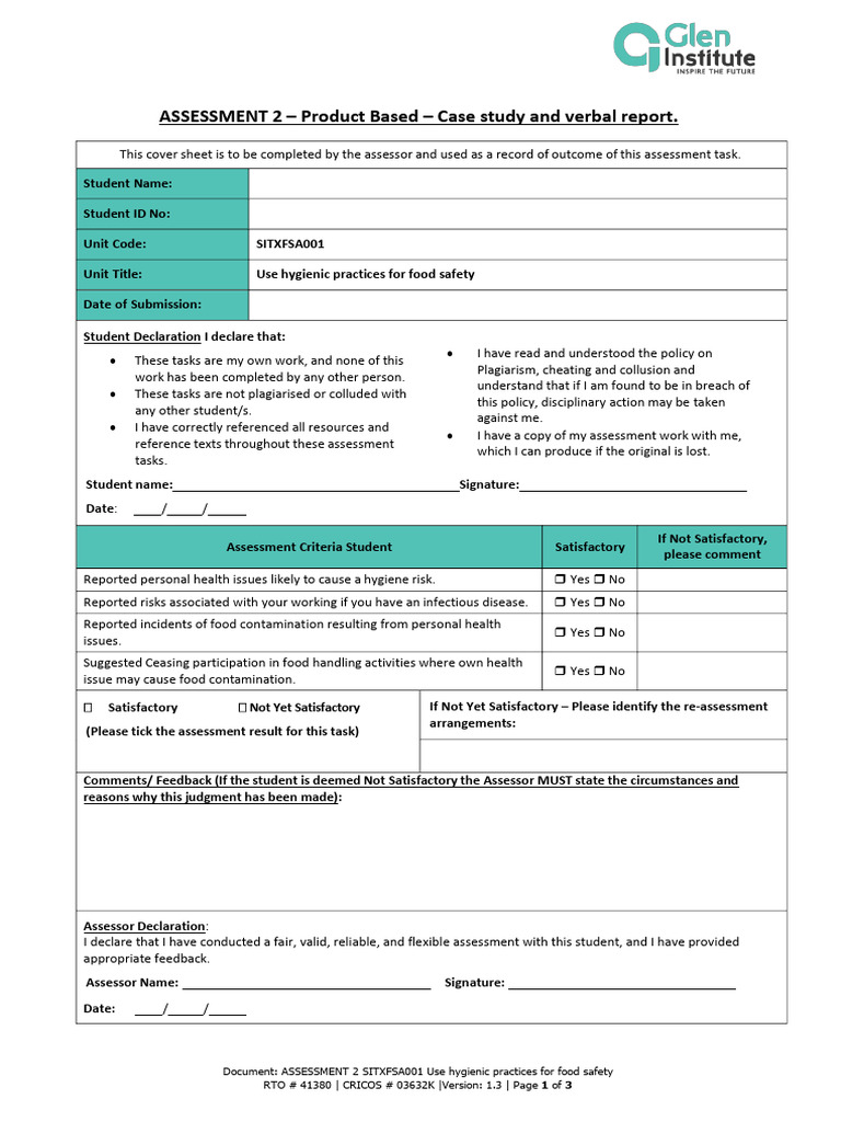ASSESSMENT 2 SITXFSA001 Use Hygienic Practices For Food Safety | PDF ...