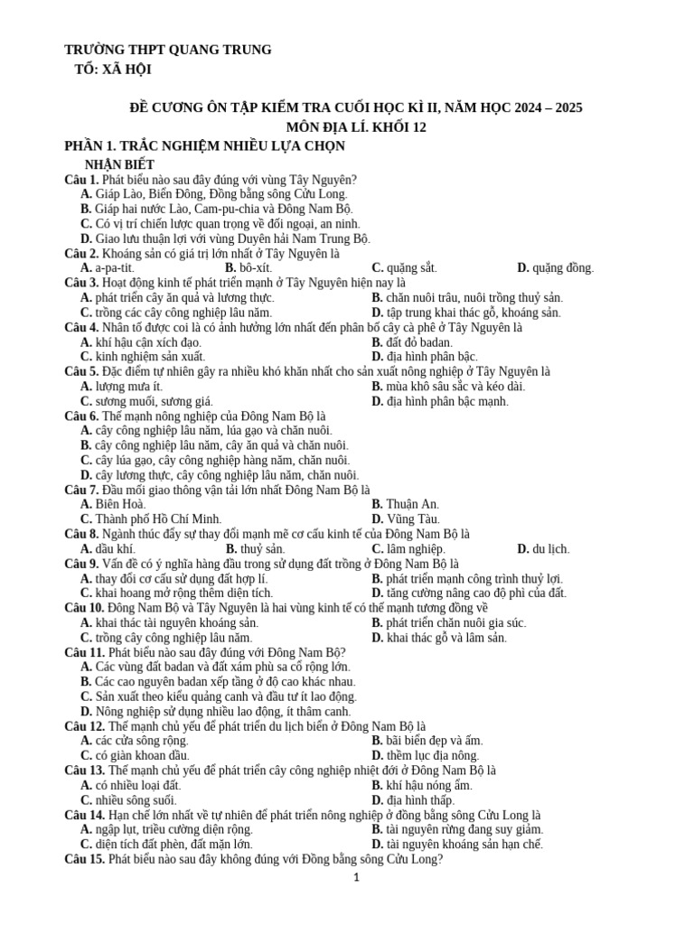 ĐỀ CƯƠNG CUỐI HKII ĐỊA 12 2024 - 2025 | PDF