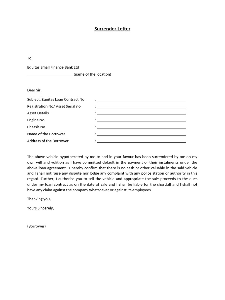 Surrender Letter From The Borrower | PDF
