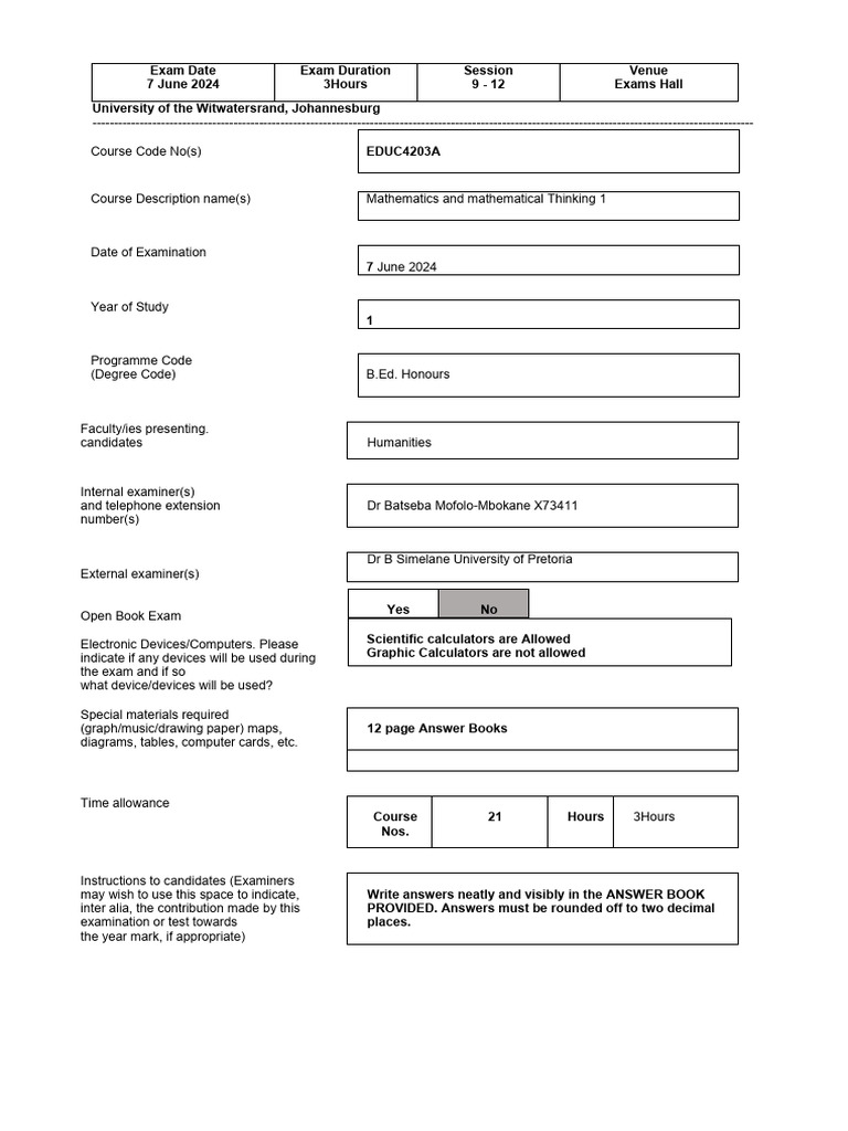 Moderated June Exam Honours Main Paper 2024-1 | PDF | Integral ...