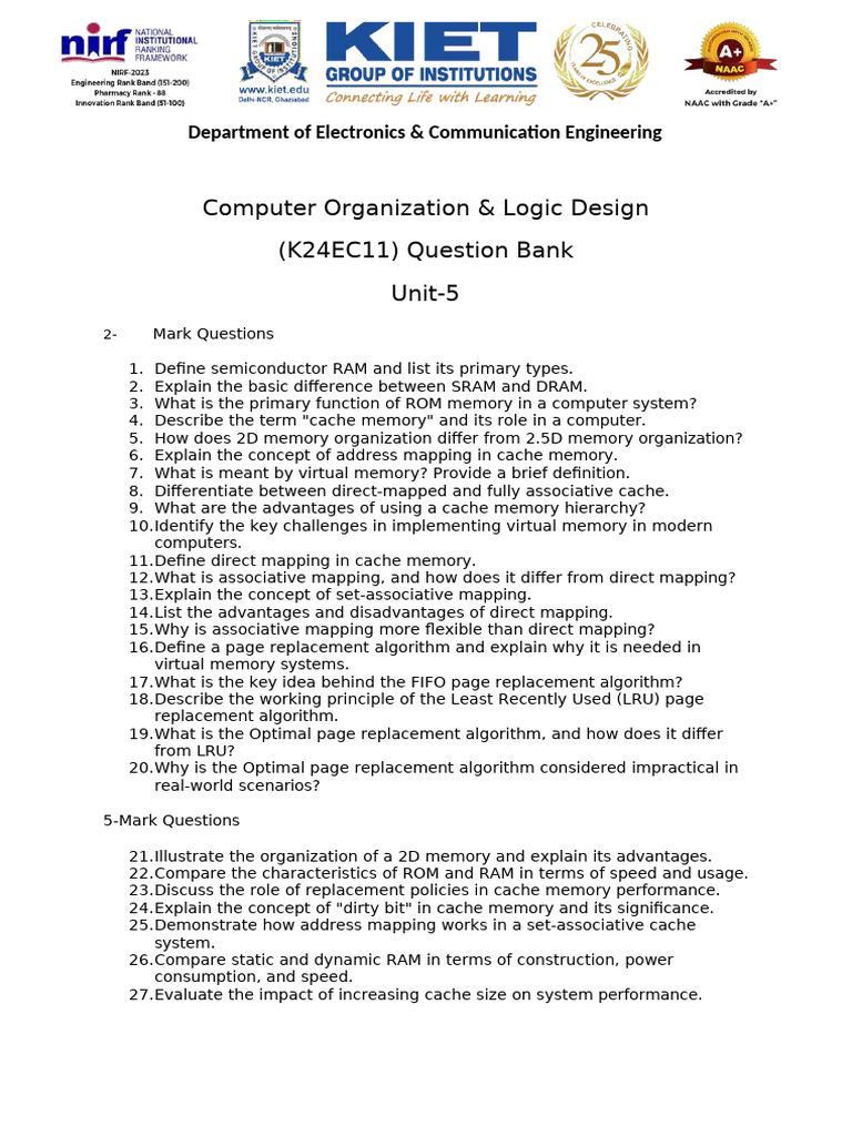 COLD - Question Bank - Unit 5 | PDF | Cpu Cache | Computer Memory