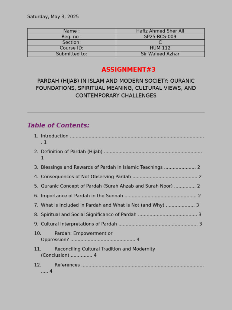 Islamic Studies Assignment#3 | PDF | Hijab | Muhammad