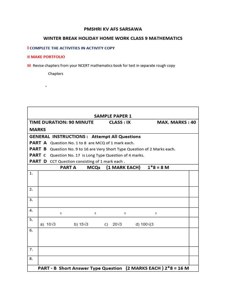 WB Holiday Home Work Class 9 Maths | PDF | Circle | Area