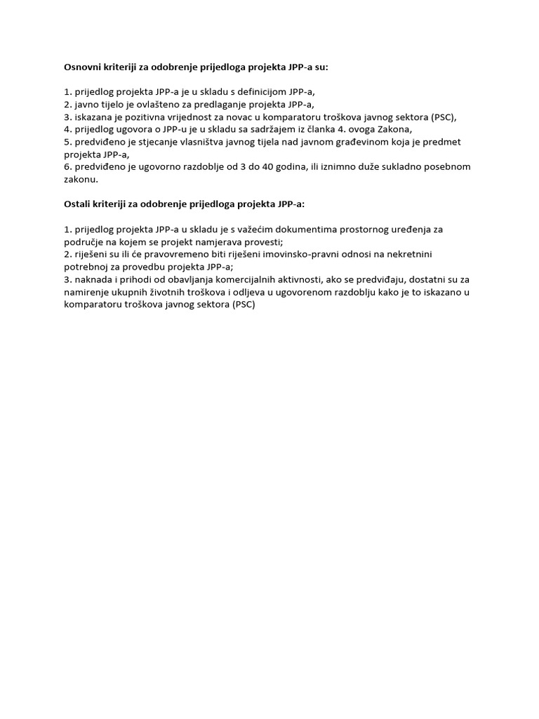 Osnovni Kriteriji Za Odobrenje Prijedloga Projekta JPP | PDF