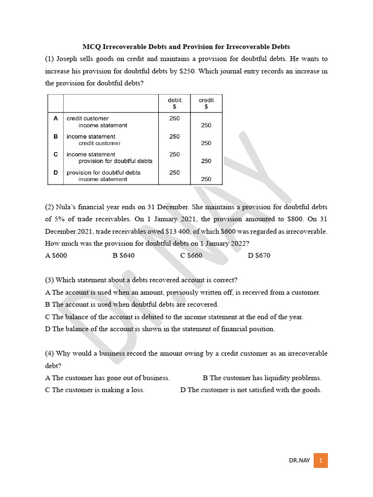 MCQs on Irrecoverable Debts | PDF | Financial Accounting | Balance Sheet