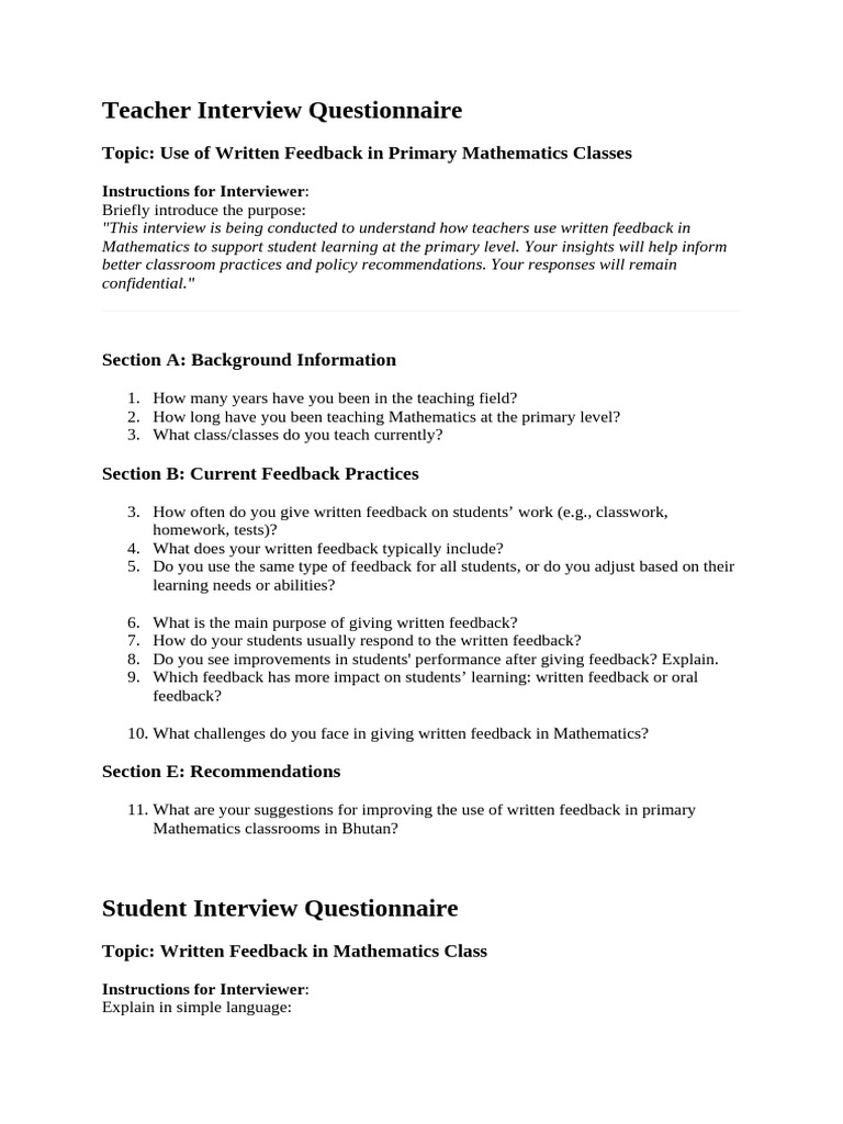 Teacher Interview Questionnaire | PDF