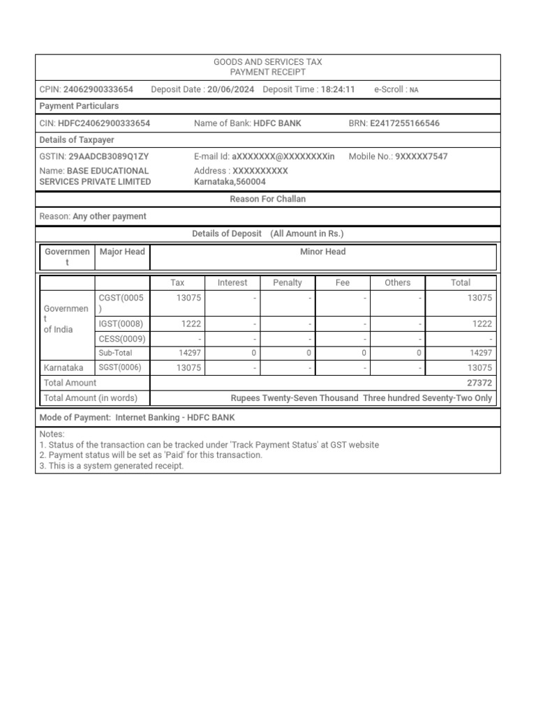GST Payment Receipt for Base Educational Services | PDF