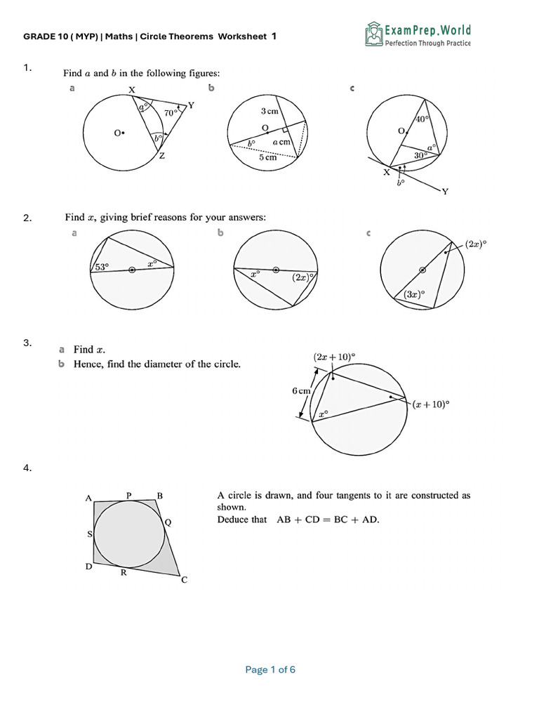 Circle Theorems Worksheet 1 | PDF
