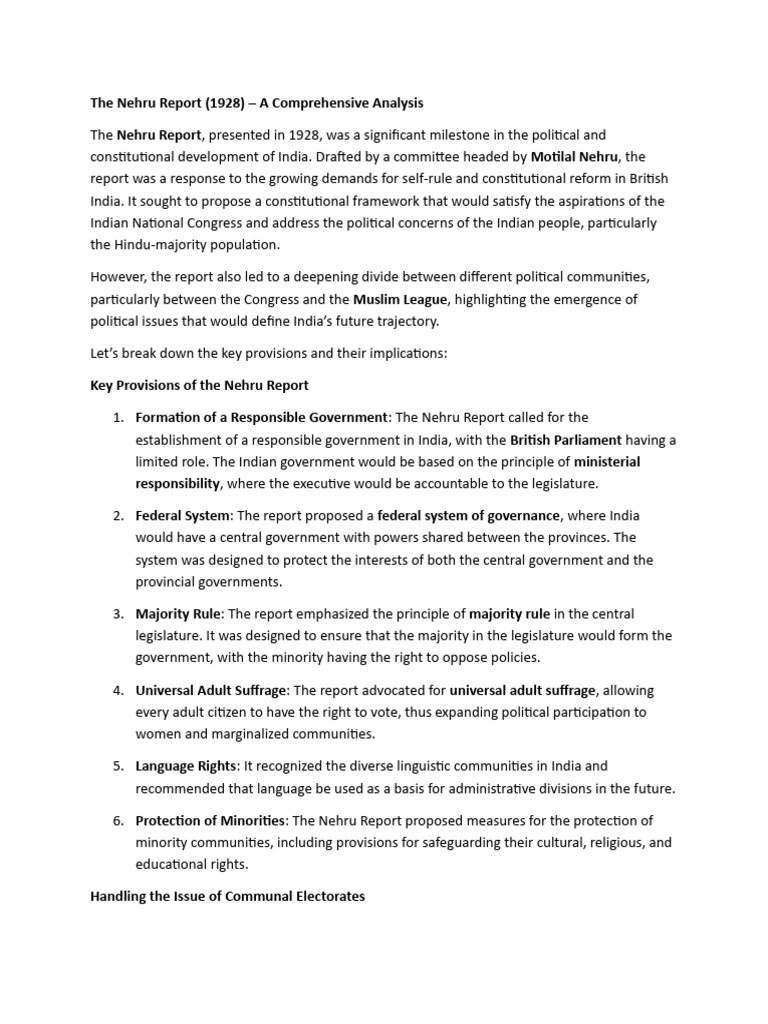 Nehru Report 1928: Key Provisions & Impact | PDF | All India Muslim ...
