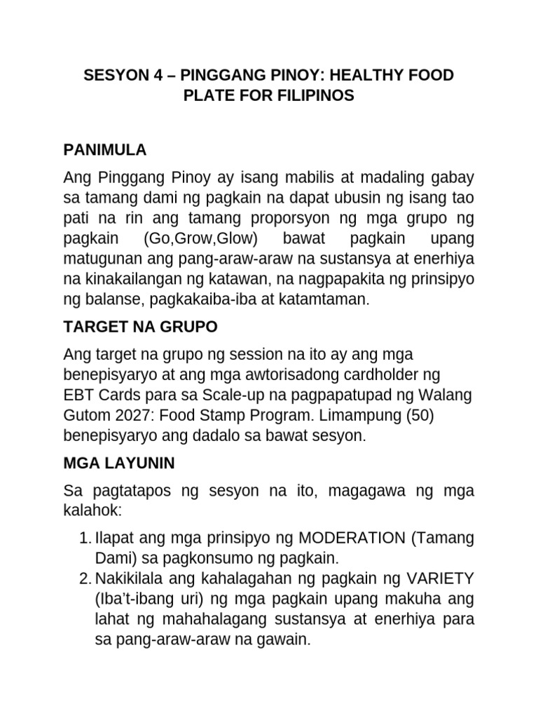Module 4 (Pinggang Pinoy - Healthy Food Plate For Filipinos) | PDF