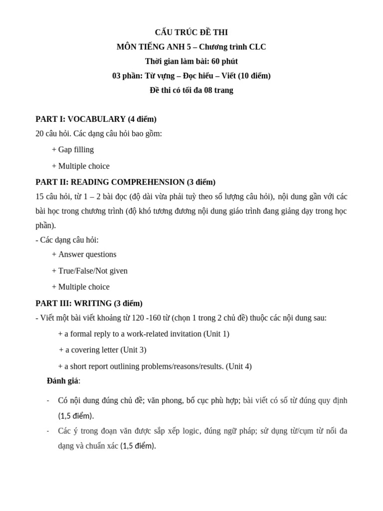 Cấu trúc đề thi TA5 - CLC | PDF