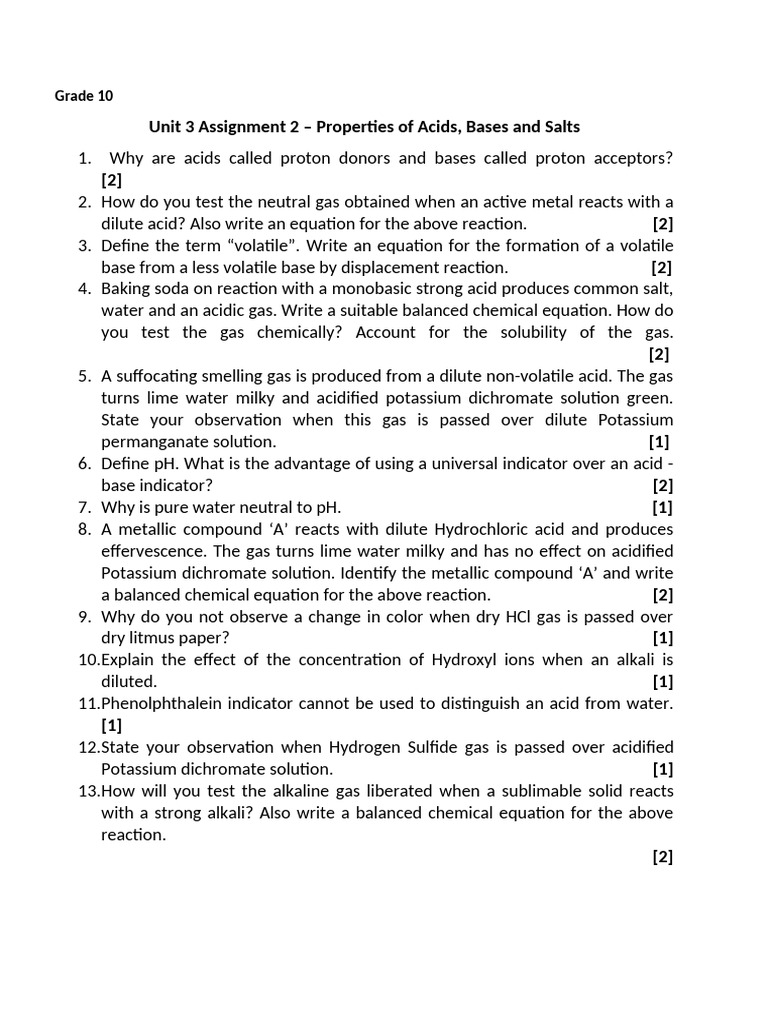 Unit 3 Assignment Properties of Acids, Bases and Salts | PDF | Acid | Ph