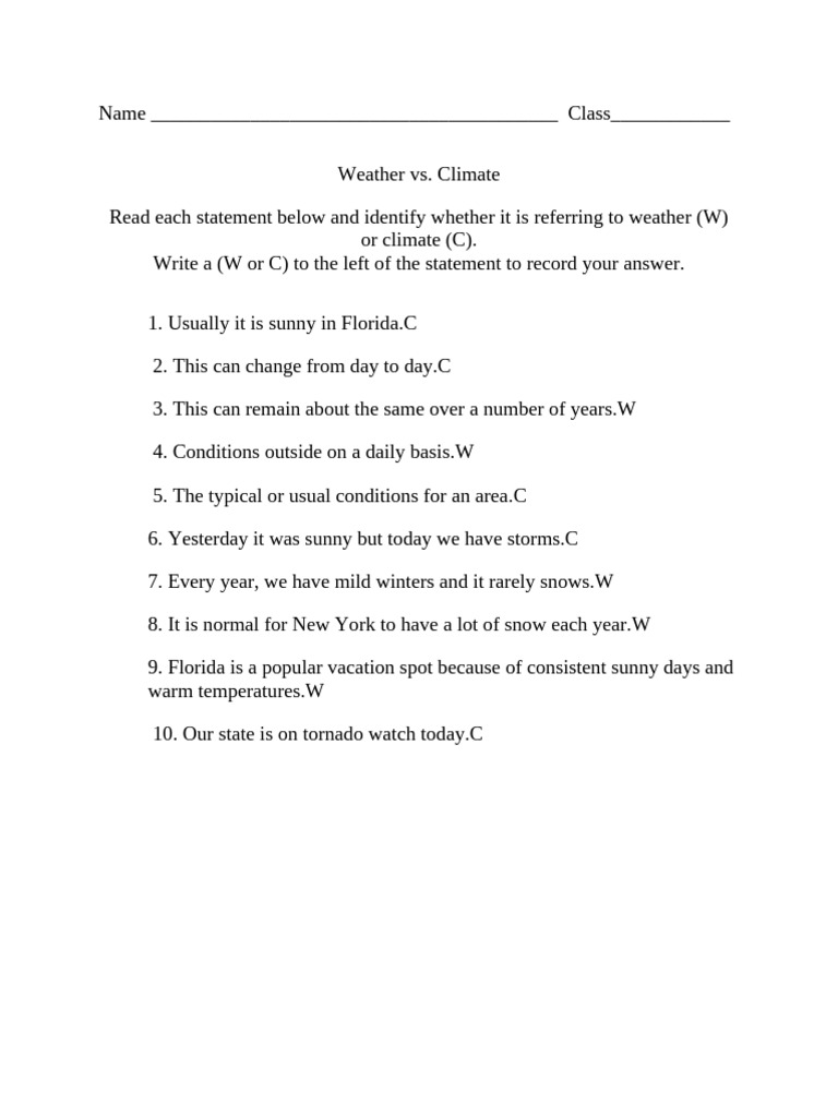 Weather vs. Climate Exit Activity AnswerKey | PDF