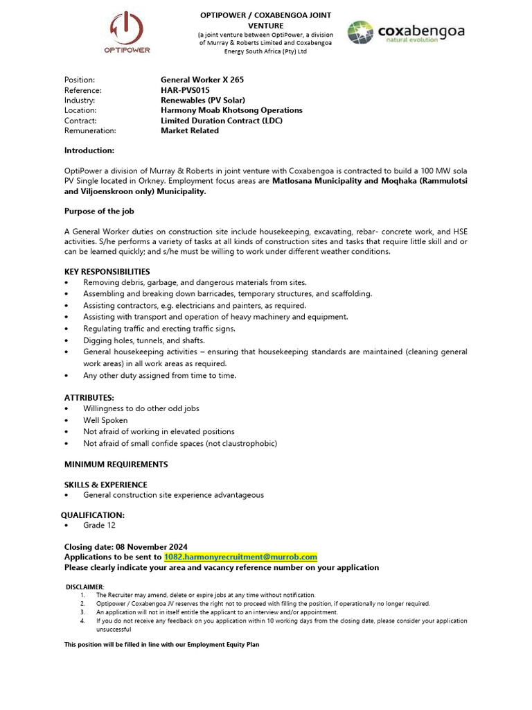 General Worker Jobs at OptiPower JV | PDF | Employment
