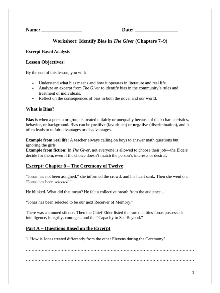 Bias in The Giver Chapters 7-9 | PDF | The Giver | Bias