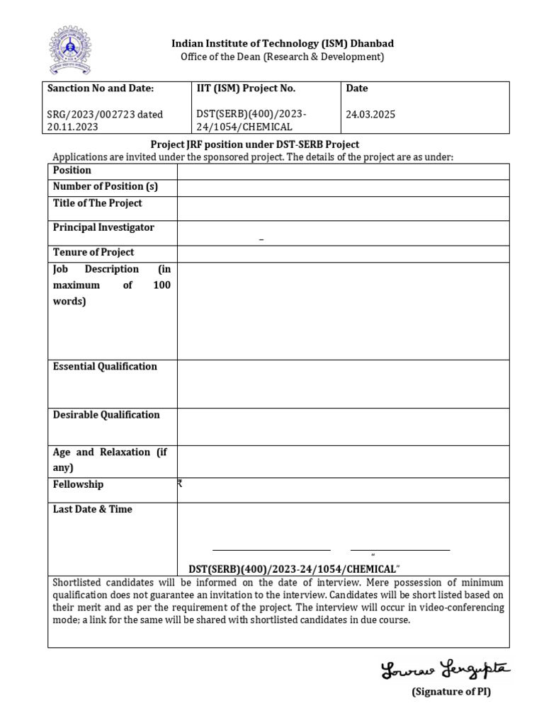 JRF Position at IIT (ISM) Dhanbad | PDF