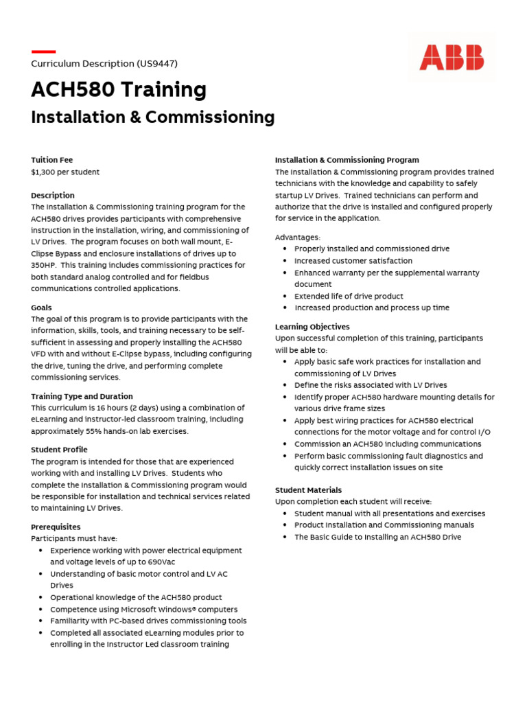 ACH580 Installation & Commissioning Training | PDF | Educational ...