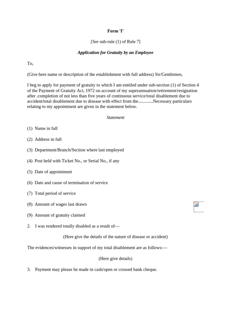 Gratuity Application Form 'I' | PDF