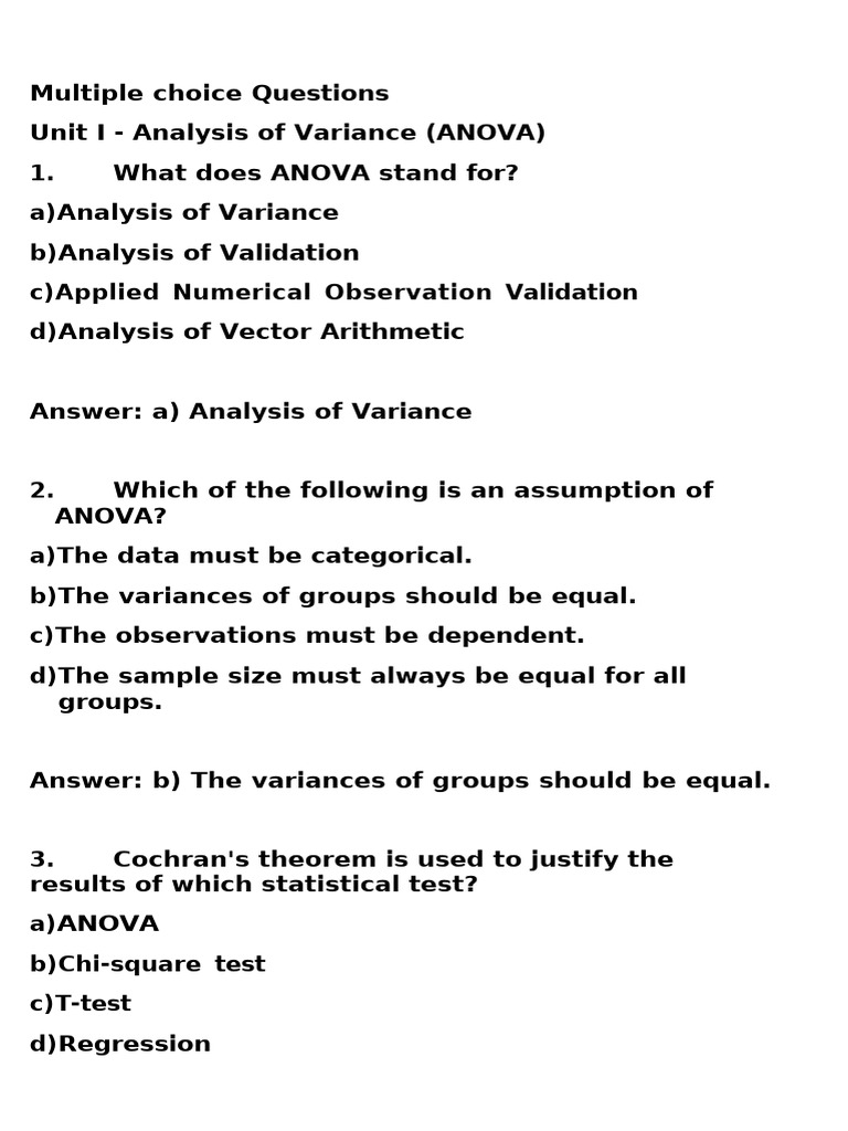 Design of Experiments Mcqs | PDF | Analysis Of Variance | Variance