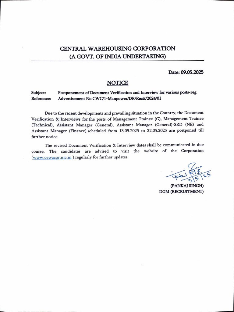 Notice - Postponement of Document Verification and Interview | PDF