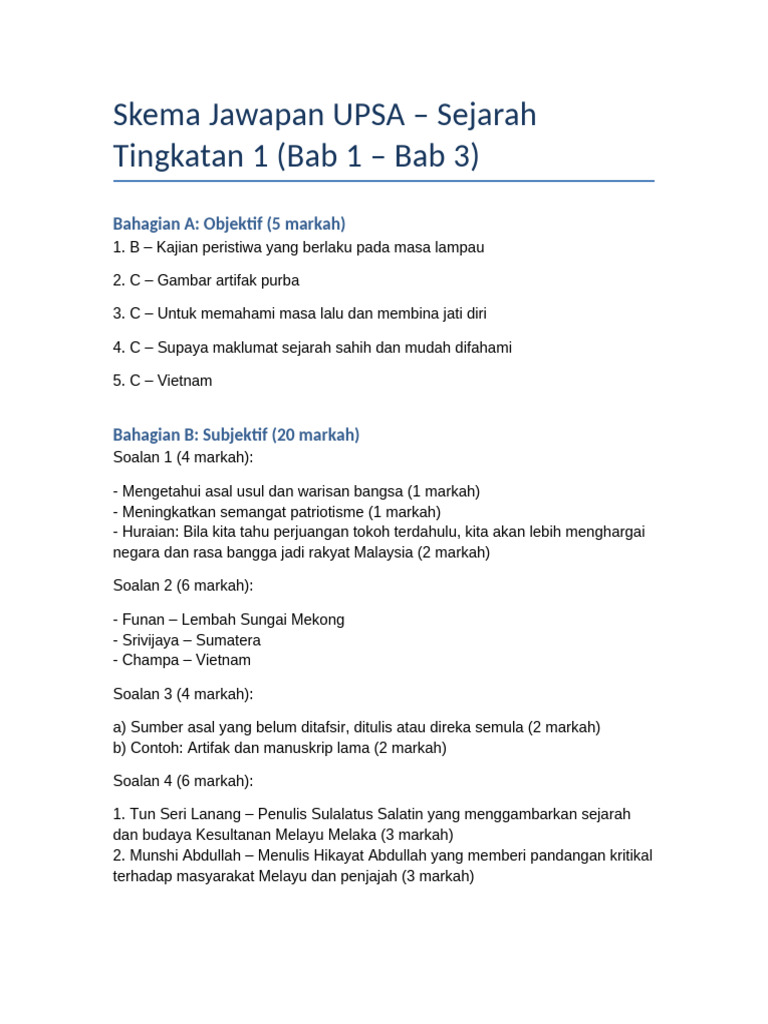 Skema Jawapan UPSA Sejarah Tingkatan1 | PDF