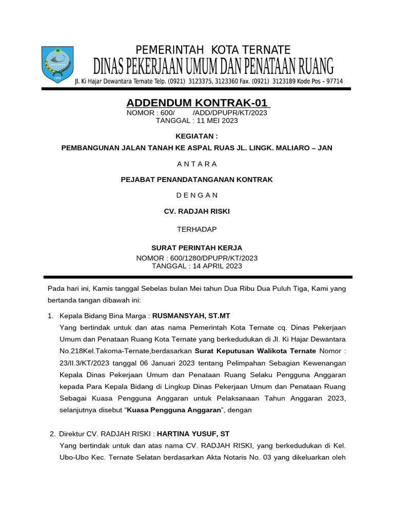 Addendum Kontrak Pembangunan Jalan 2023 | PDF